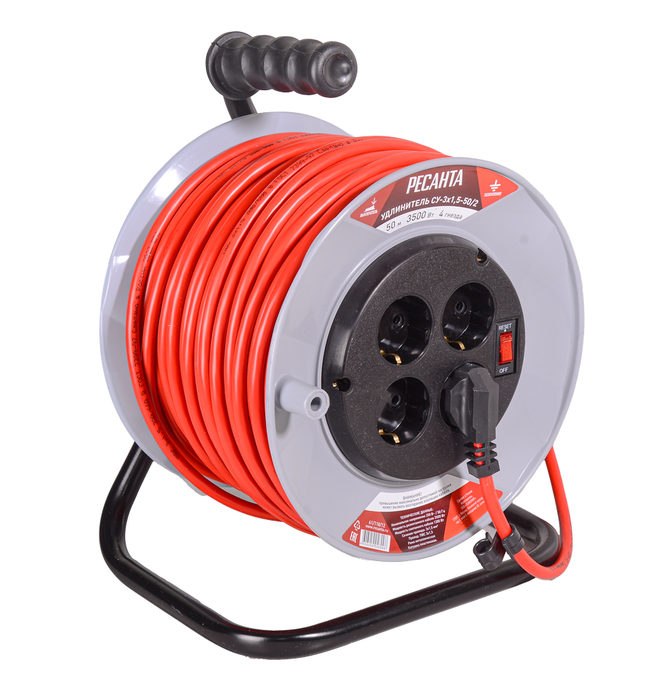 Удлинитель Ресанта СУ-3х1,5-50/2, силовой, на катушке, с выкл, 4 розетки