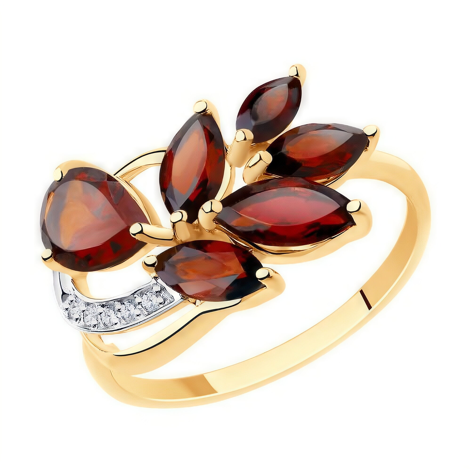 Кольцо, красное золото, 585 проба, фианит, гранат