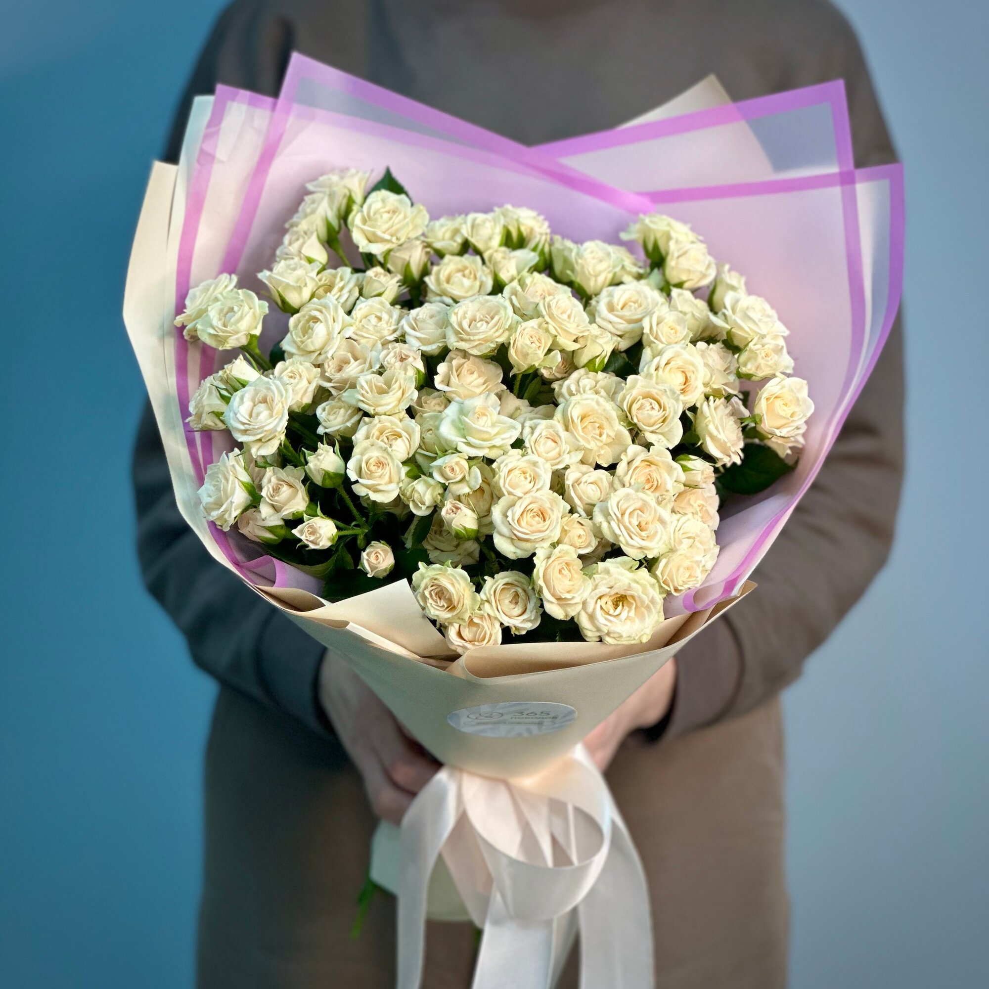 Букет из 21 кустовых кремовых роз в стильной упаковке. «365 Поводов» - живые цветы с доставкой
