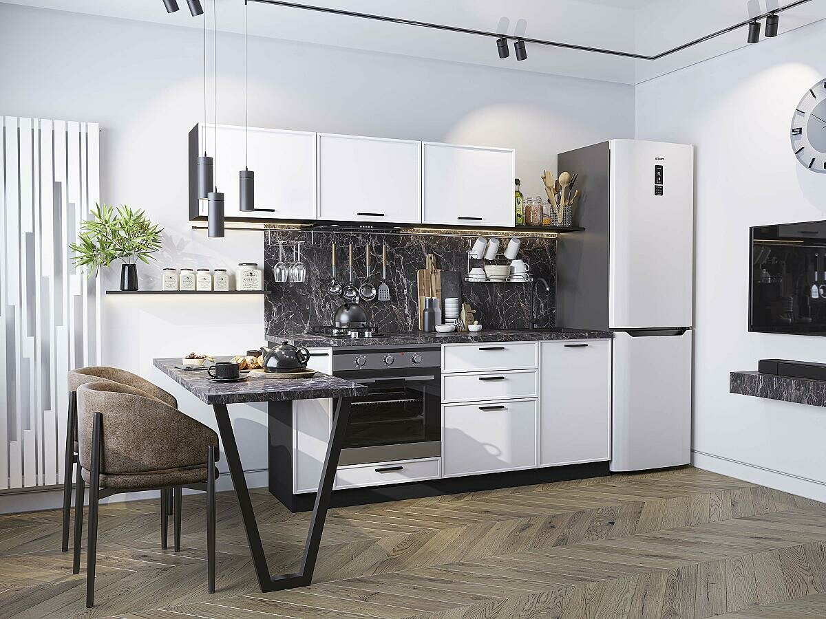 Кухня Фрейм-01, цвет фасада White Silk, цвет каркаса Graphite, 1782*2300*600 мм