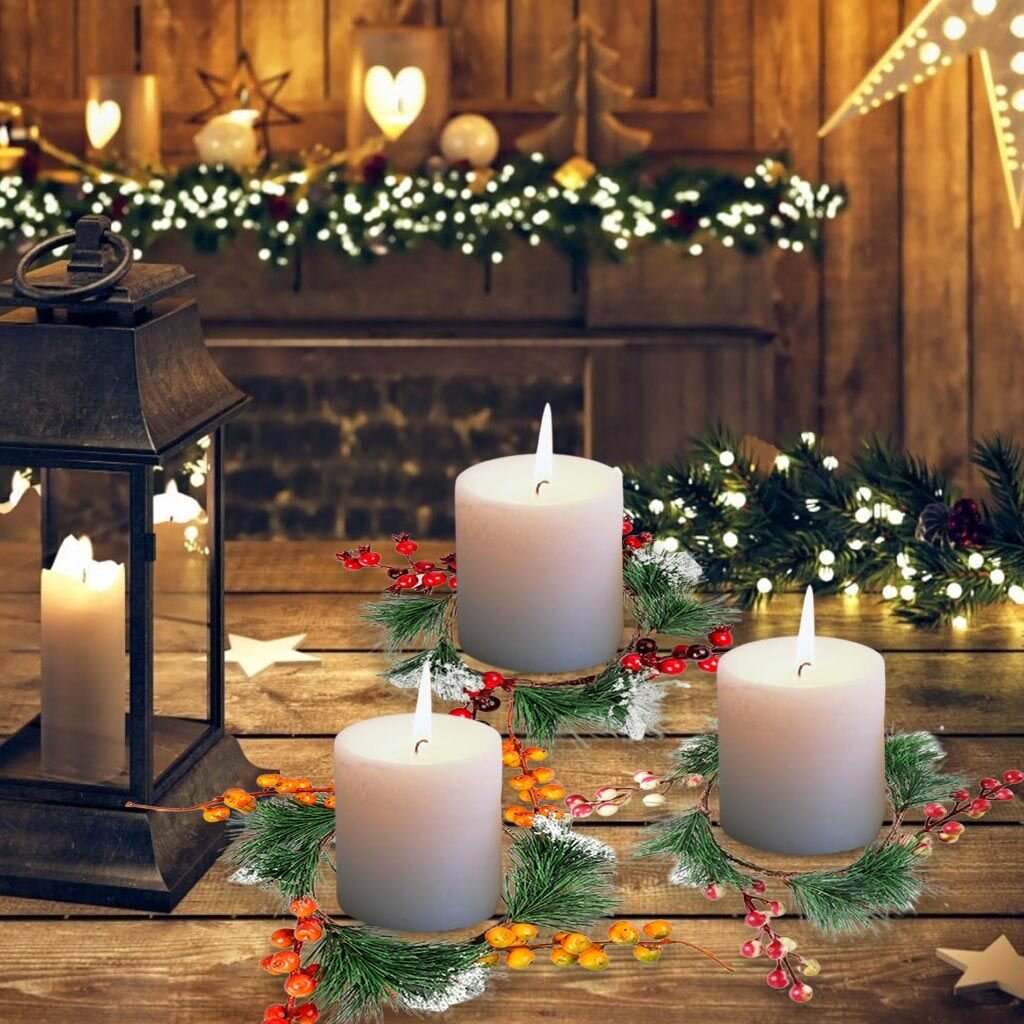 Рождественский ПВХ Подсвечник С Гирляндой Из Красных Гранатовых Сосновых Иголок -Розовый и Белый