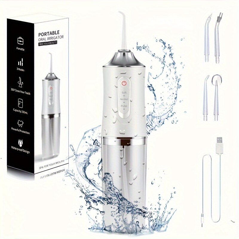 Портативный ирригатор для полости рта с технологией высокочастотных импульсов, литий-ионный аккумулятор 800 мАч, USB-зарядка, 3 режима, несколько насадок