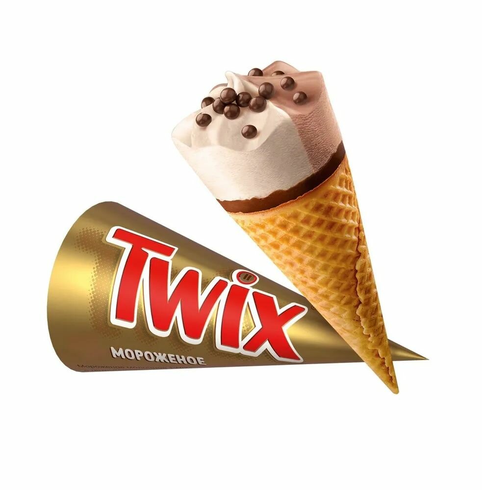 Мороженое двуслойное шоколадное со вкусом карамели с рисовыми шариками, рожок, 68 г, TWIX