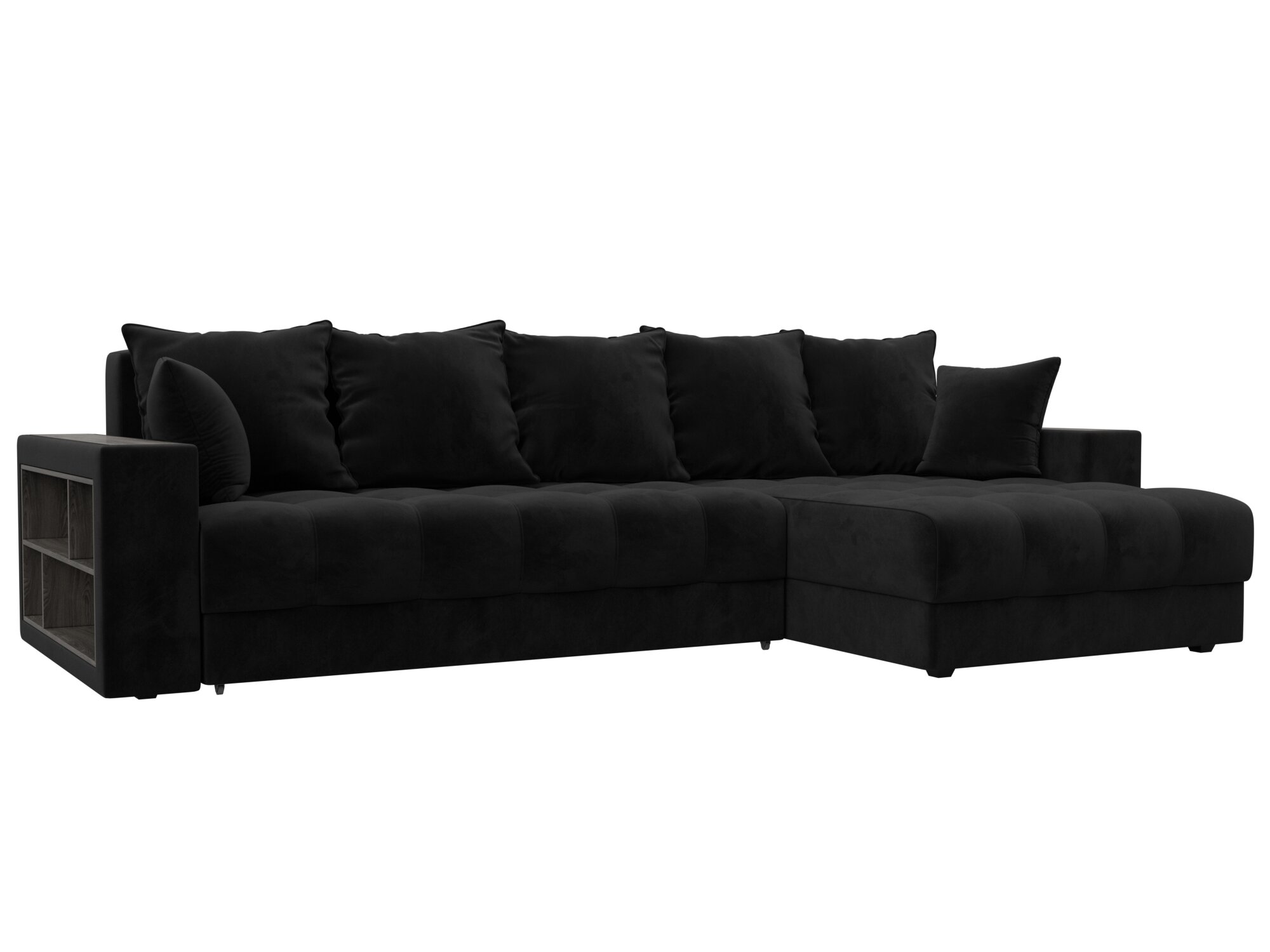 Диван угловой с декором и полкой Лига-050 НПБ угол универсальный, велюр SEVEN 35 черный