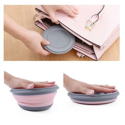 3 штуки / комплект силикон сложенный, когда детская коробка складная портативная коробка для завтрака коробка для столовой посуды для взрослых чашка для обеда (розовая)