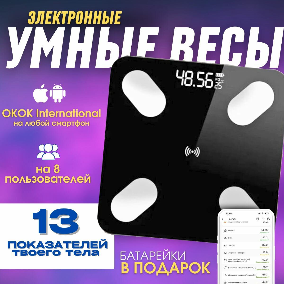 Электронные весы окок International, с Bluetooth, черные, пластик/стекло, до 180 кг