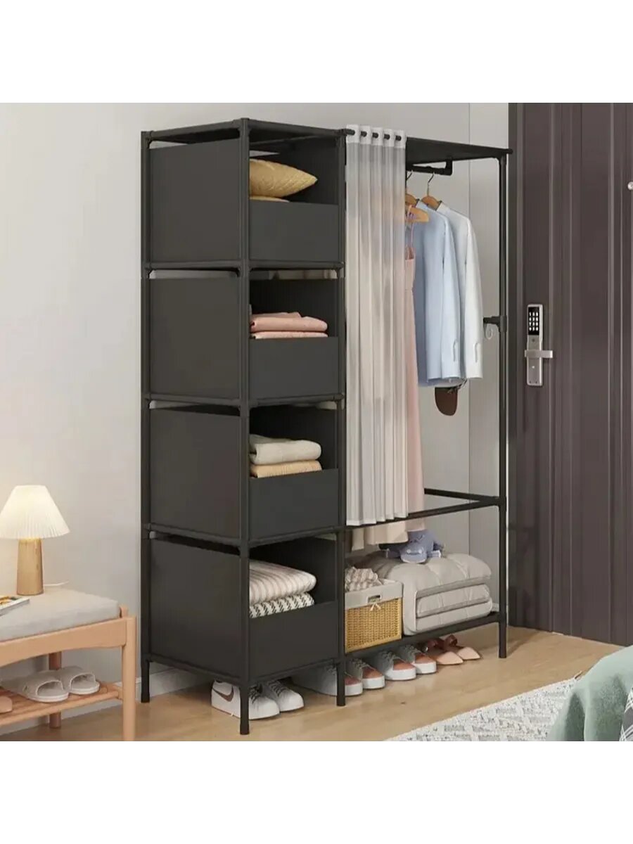 Напольная вешалка для одежды и обуви черная с ящиками и шторкой