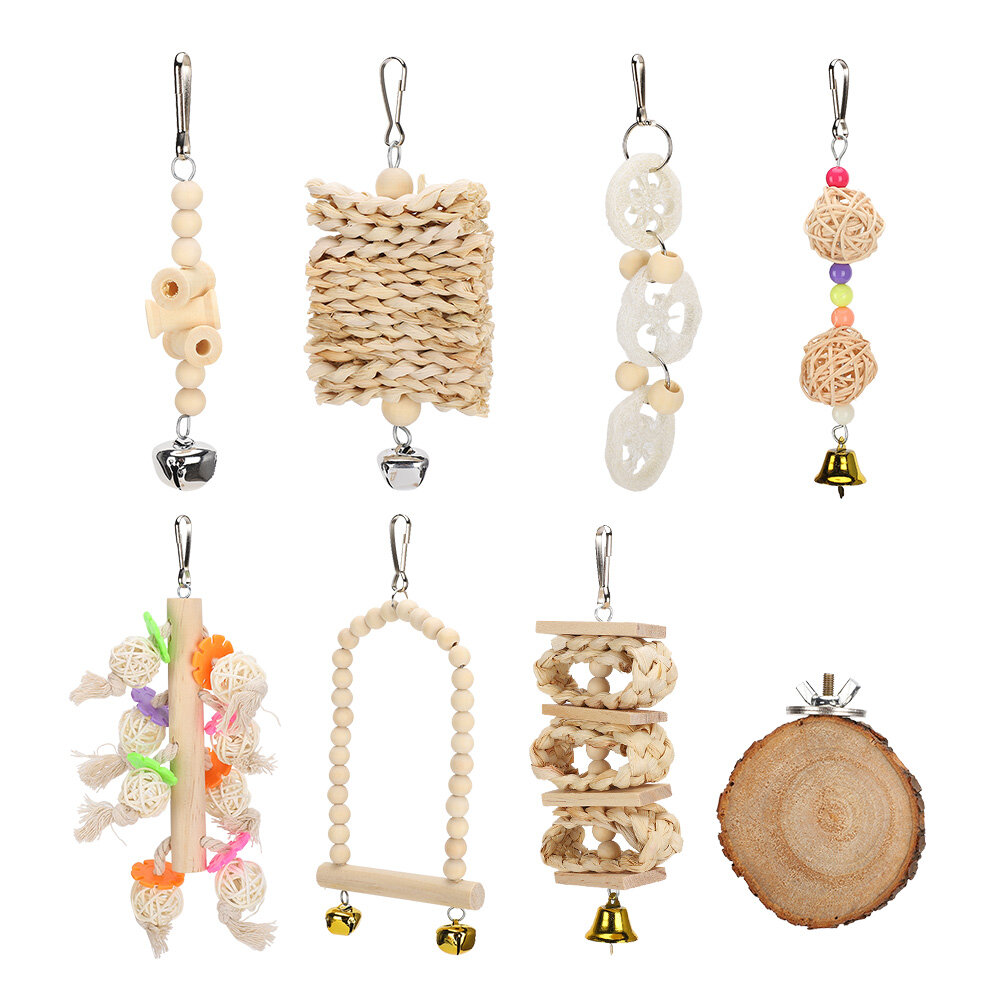 8 упаковок птиц -попугаев висят свинг -клетки игрушки натуральные дерево