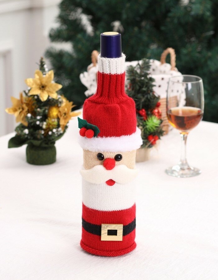 Чехол на бутылку Дед Мороз вязаный новогодний декор, набутыльник