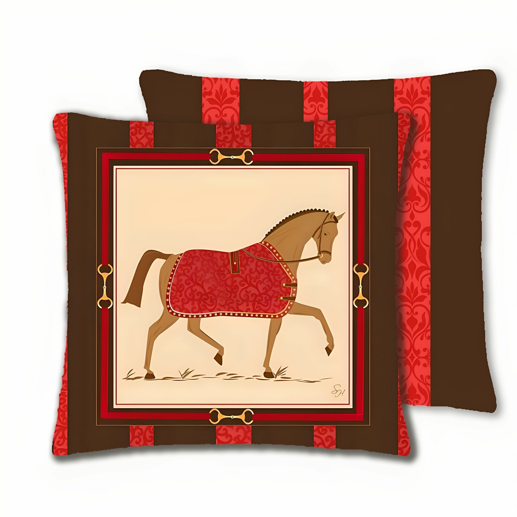 Подушка декоративная Конь шоколадно малиновая полоска 45х45 велюр рисунок с двух сторон подарок новый год рождество