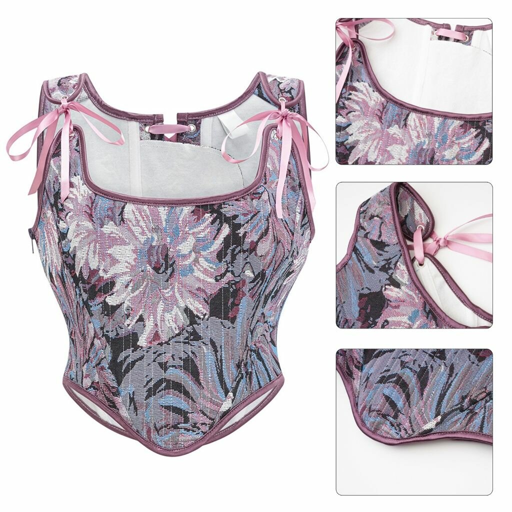 (1 шт.) Жилет, талия, облегающий корсет, бретельки, поддержка в виде рыбьей кости, корсет-фиолетовая хризантема-S