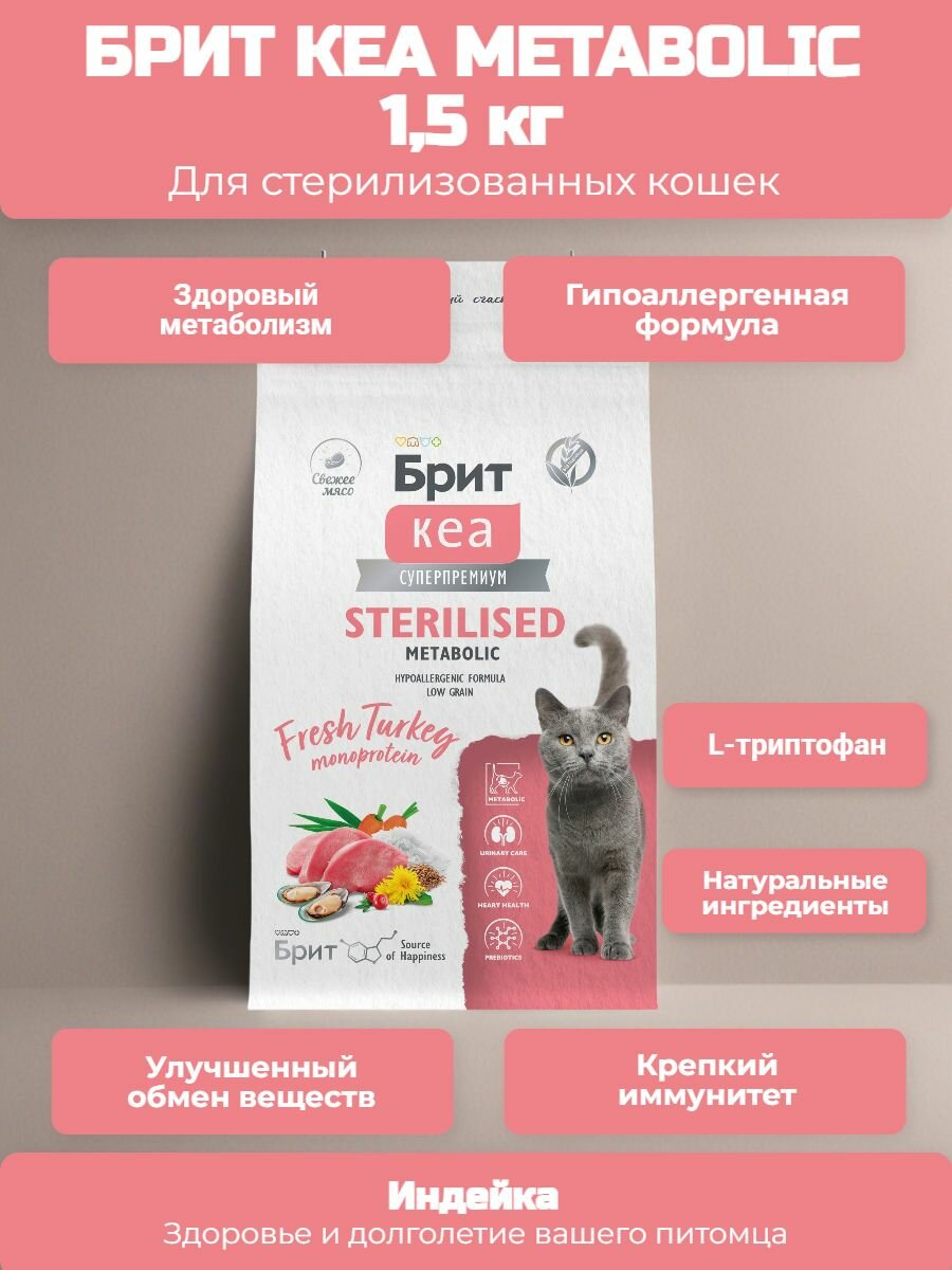 Сухой корм для стерилизованных кошек Брит Кеа Cat Sterilised Metabolic NEW с индейкой, 1.5 кг
