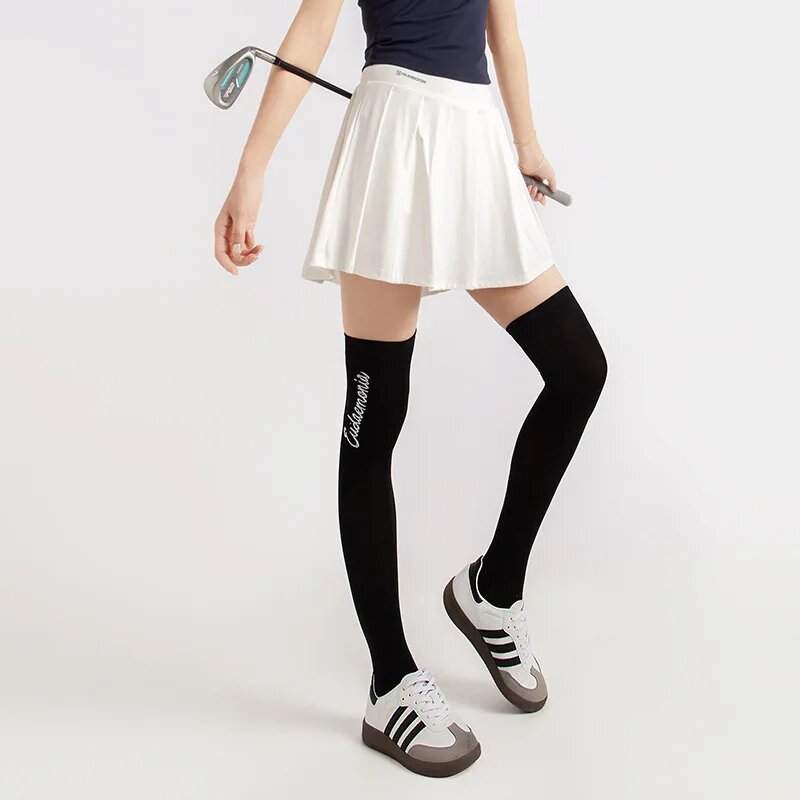 Женские белые, черные носки выше колена для гольфа с надписью видимого сбоку, защита от черный