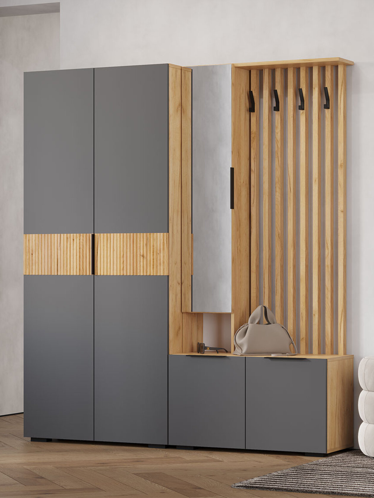 Прихожая комплект Роби Лайт с вешалкой, с зеркалом, с обувницей, со шкафом, 160х35х182.6 см, Дуб Крафт золотой / Серый графит