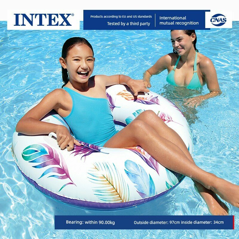INTEX Надувной круг с ручкой для веса до 90 кг (180 фунтов) - Белый перьевый дизайн