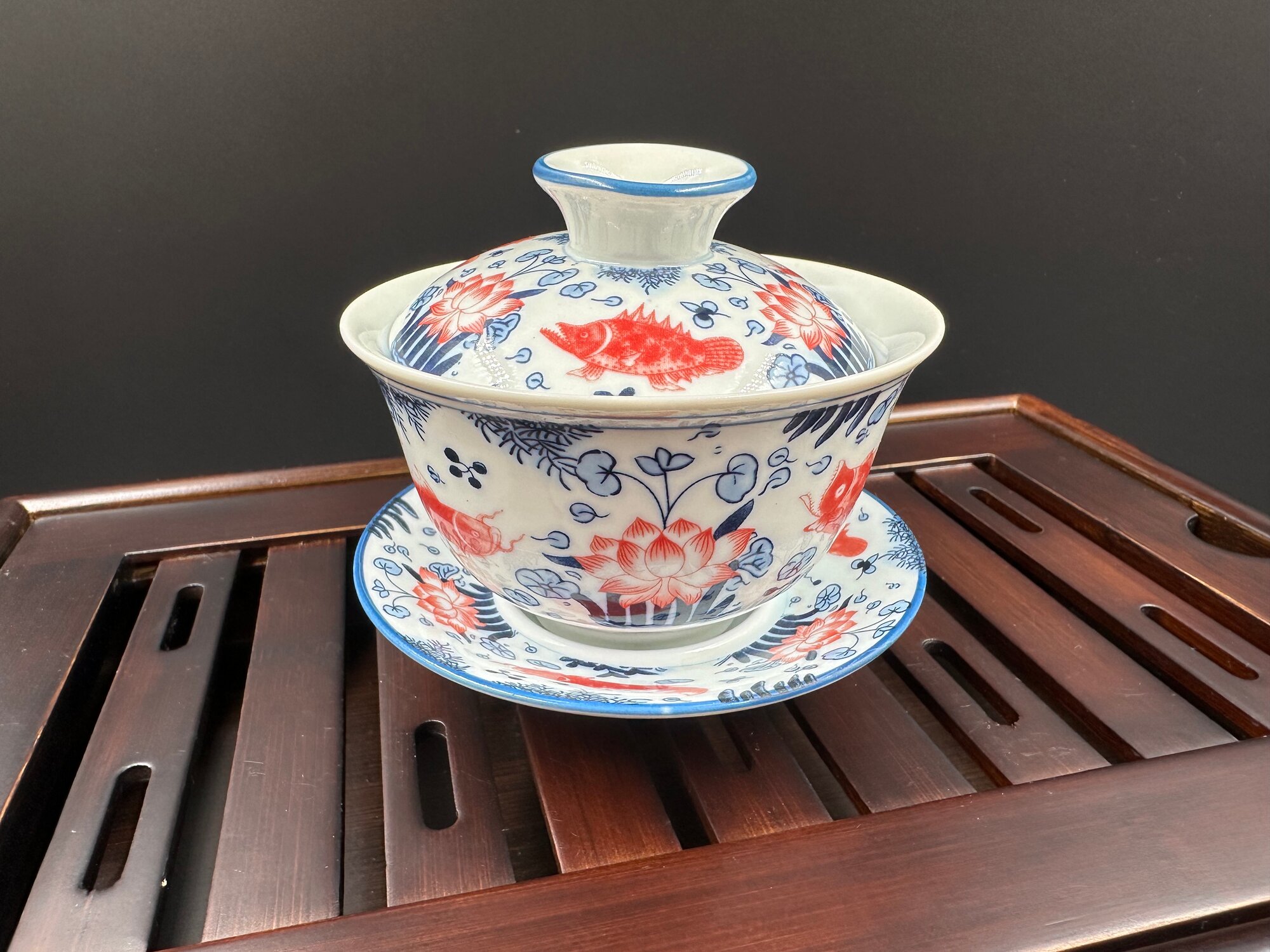 Гайвань фарфоровая "Винтажная, с водным лотосом" (рыбы), 130мл.