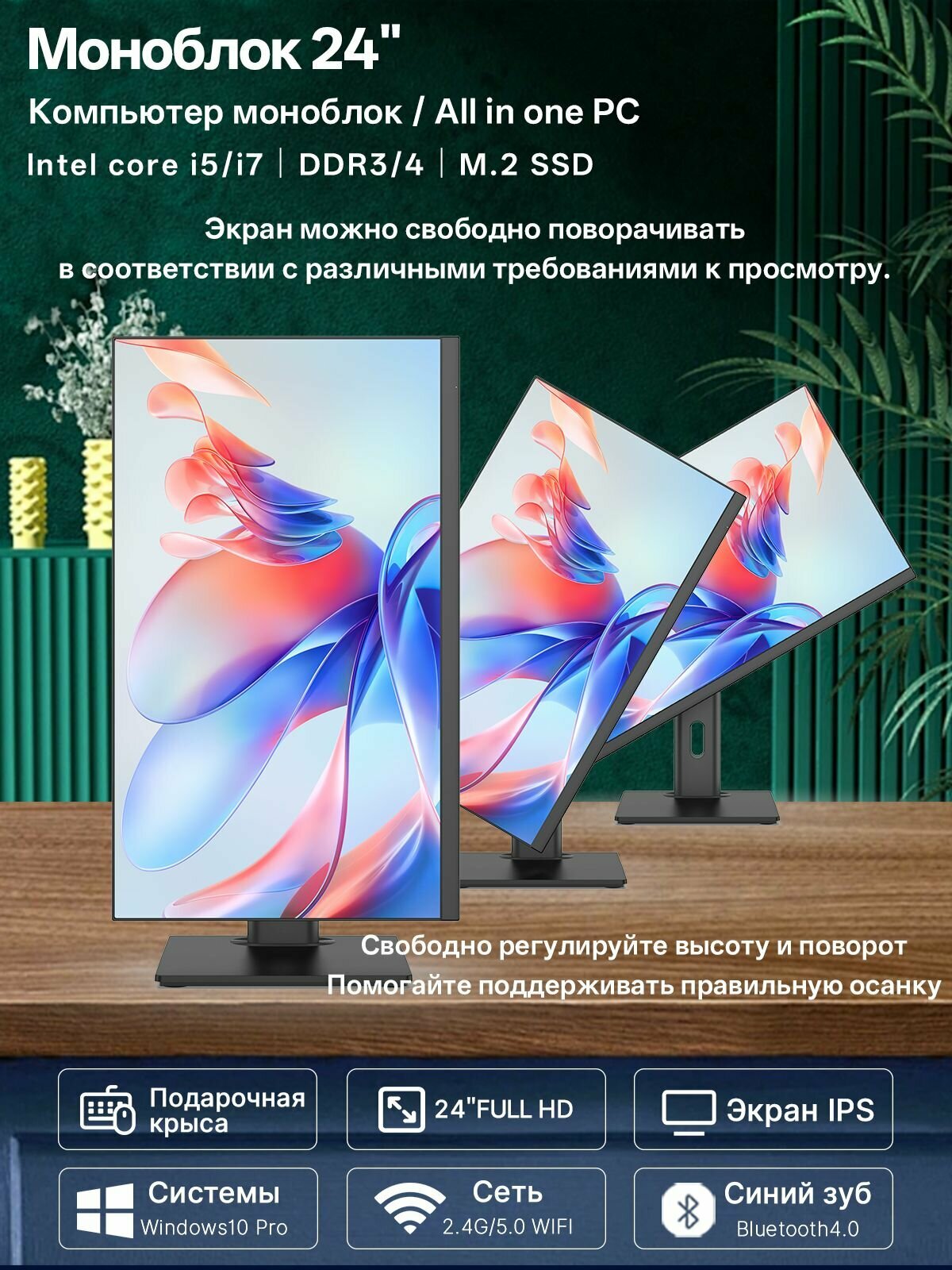 Моноблок 24": Intel Core i5/i7, RAM 8/16 ГБ DDR3/4, SSD 256/512ГБ, Full HD IPS , Windows 10 Pro , черный
