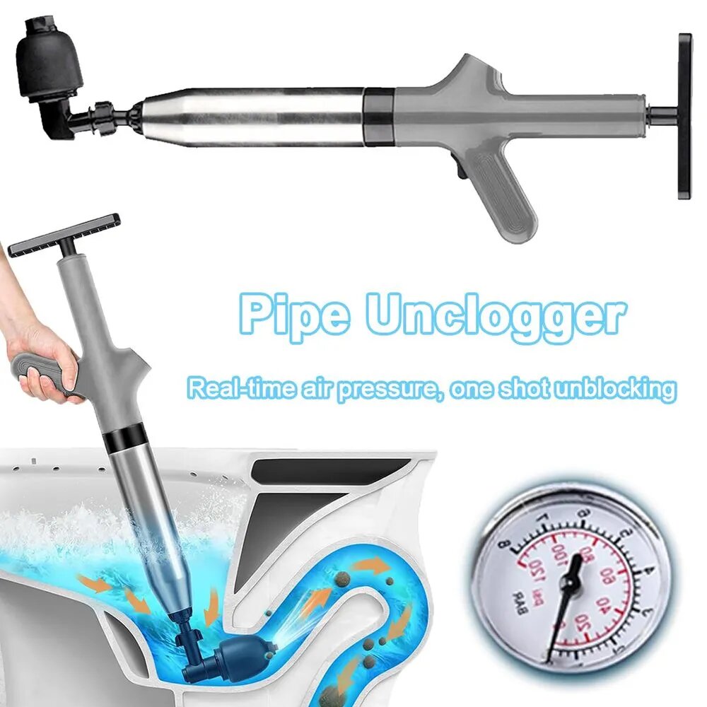 Пневматический тросовый сантехнический инструмент для прочистки засоров в унитазе и канализационных труб, с манометром и расширяемой заглушкой
