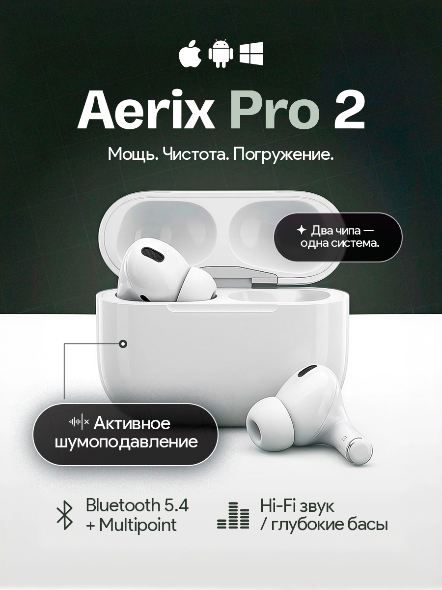 Наушники для телефона беспроводные Aerix Pro 2, Hi-Fi звук с глубокими басами, с активным шумоподавлением