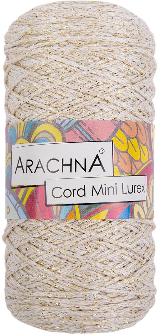 Пряжа ARACHNA "Cord Mini Lurex" 3 шт. по 75 г 200 м 90% полиэфир, 10% люрекс №01 белый-золото