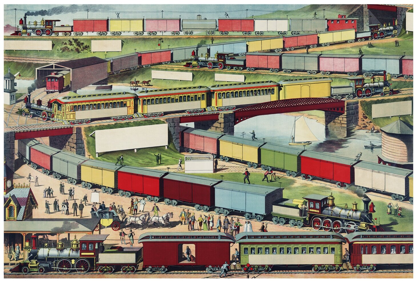 Постер / Плакат / Картина Зигзаг из поездов 50х70 см в подарочном тубусе