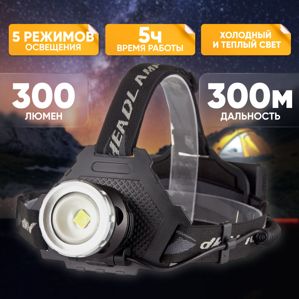 Фонарь налобный аккумуляторный мощный Огонь HT-367 / Туристический аксессуар светодиодный, 8 часов и 4 режима работы с регулировкой угла / Фонарик на лоб с влагозащитой на охоту рыбалку в поход