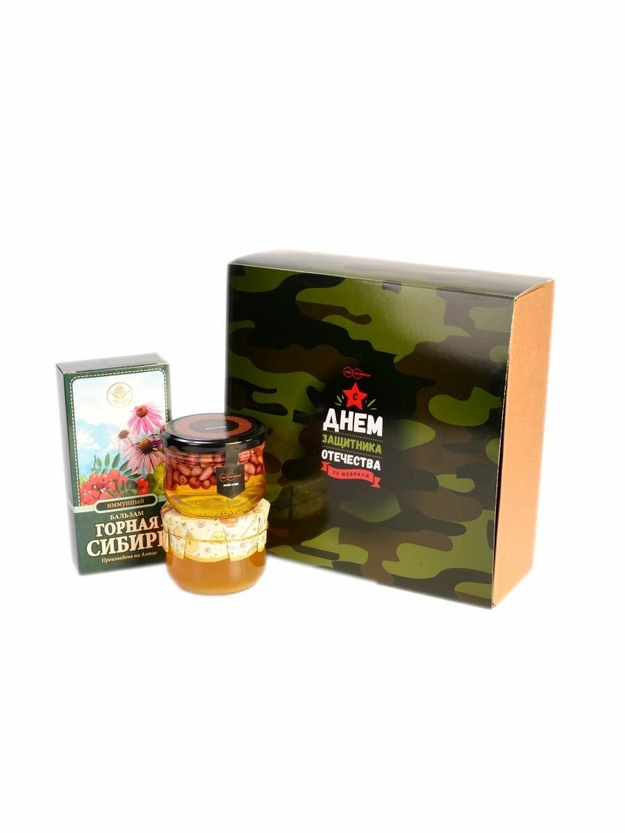 Подарочный набор "23 февраля Хаки" соты в банке, арахис сырой в меду, бальзам, Мед и Конфитюр