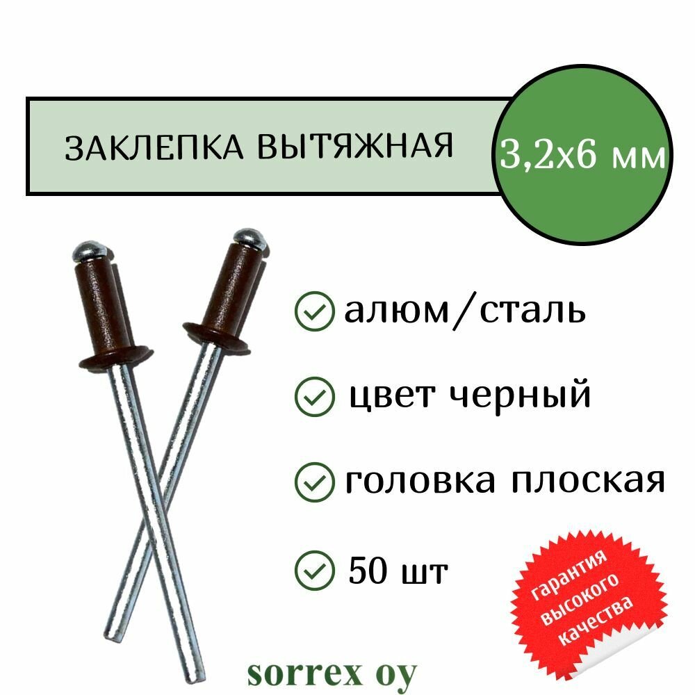 Заклепка вытяжная цветная 3,2х6 алюминий/сталь крашеная RAL 9005 для профнастила и забора Sorrex OY (50штук)