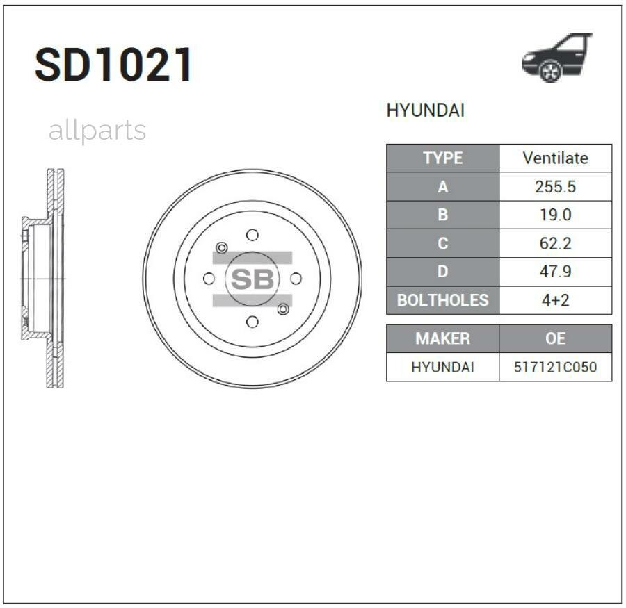 SANGSIN BRAKE SD1021 Диск тормозной передний (255х19) 4 отв