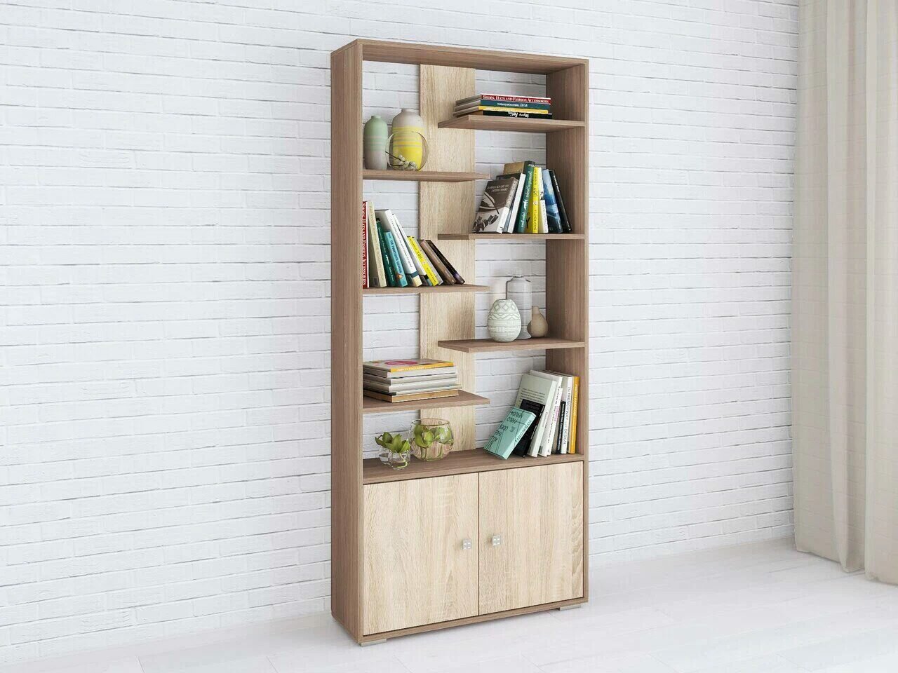 Стеллаж «Ромео-4», с тумбой, современный дизайн, ясень темный/дуб сонома (800х250х1800)