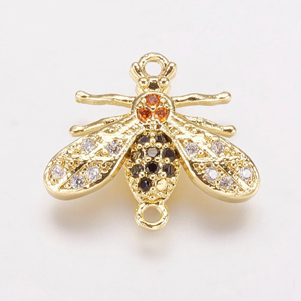 Коннектор 16х15х2.5мм, Milano, насекомое, Муха, с разноцветными фианитами, базовый материал - латунь, под золото, 1 шт.
