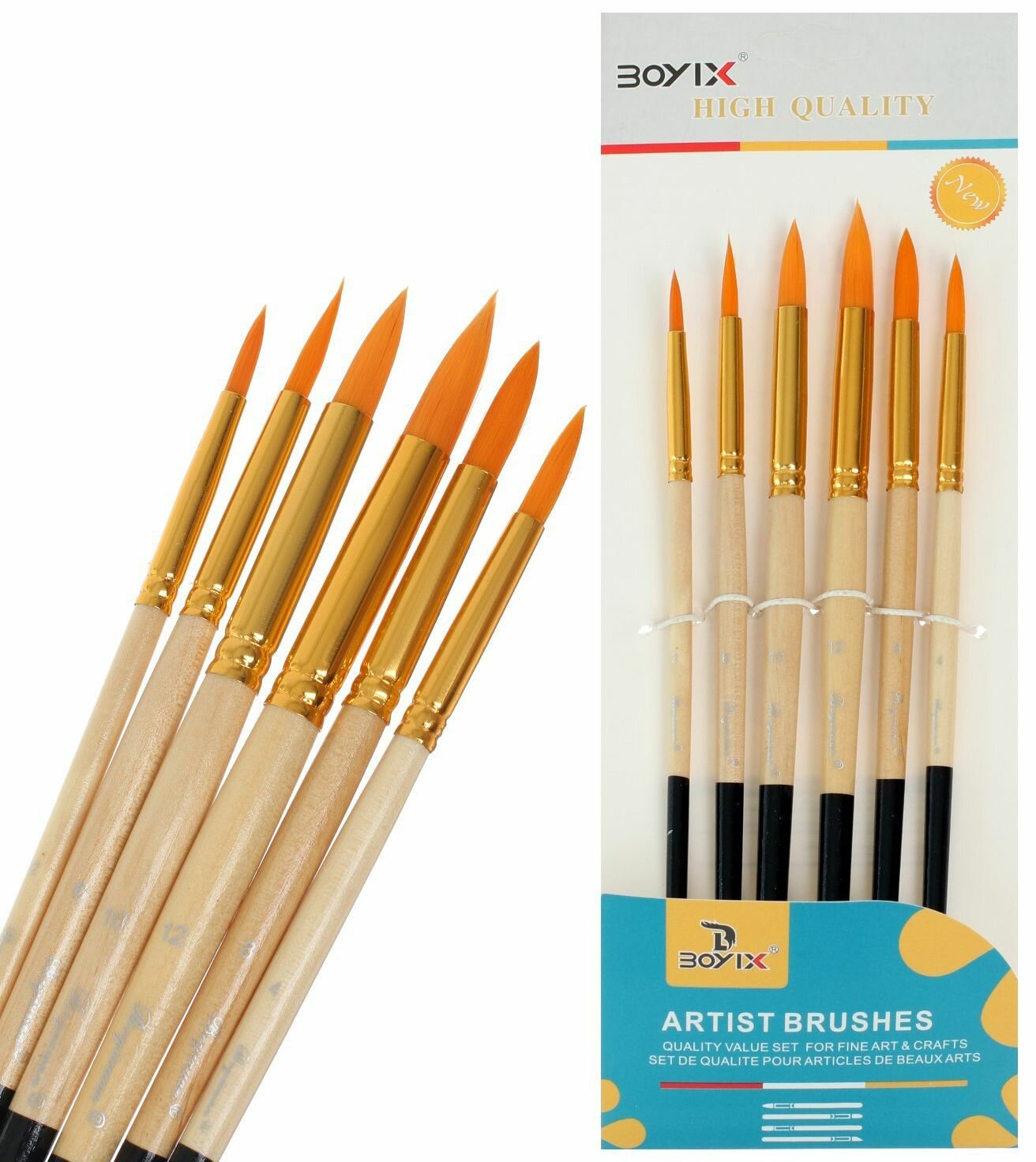 Набор кистей круглых для рисования красками, кисточки из синтетического ворса с деревянными ручками, канцелярия для школы и творчества, 6 штук