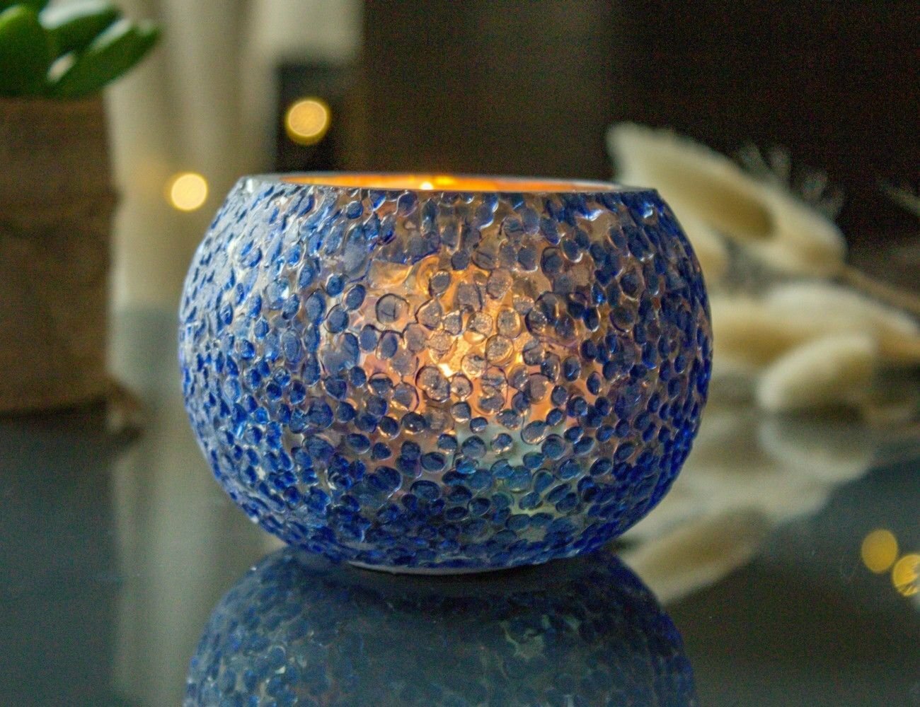 Стеклянный подсвечник морозная роса, под чайную свечу, синий бархат, 8х6 см, Kaemingk 640155-синий