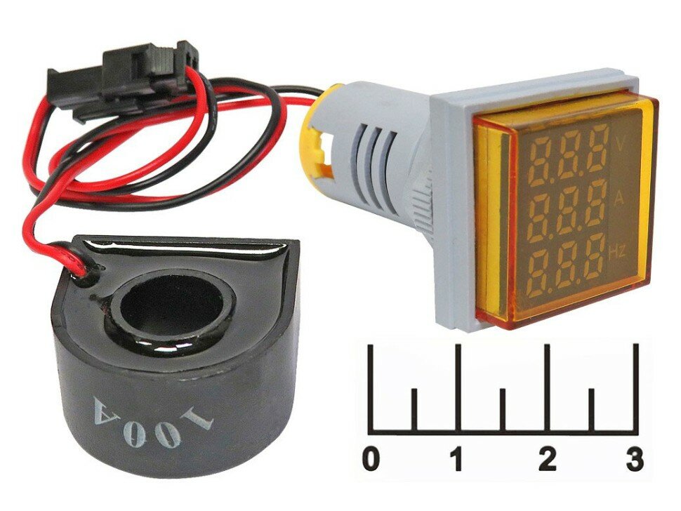 Вольтметр/амперметр/частотометр 60-500VAC 0-100A 20-75Гц AD16-22FVAH желтый 22мм (28*28мм)