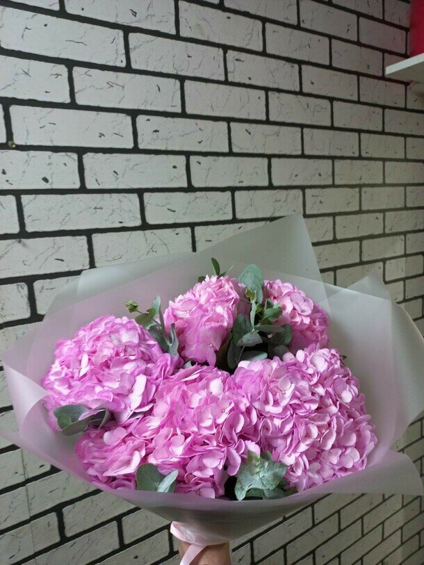 Букет Well Flowers "Гортензии", на стеблях, 5 цветов, эвкалиптовые ветви, букет свежих цветов