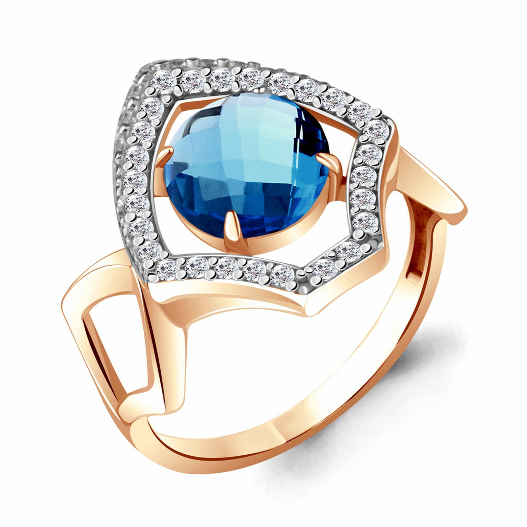 Кольцо, серебро, 925 проба, золочение, фианит, Лондон топаз