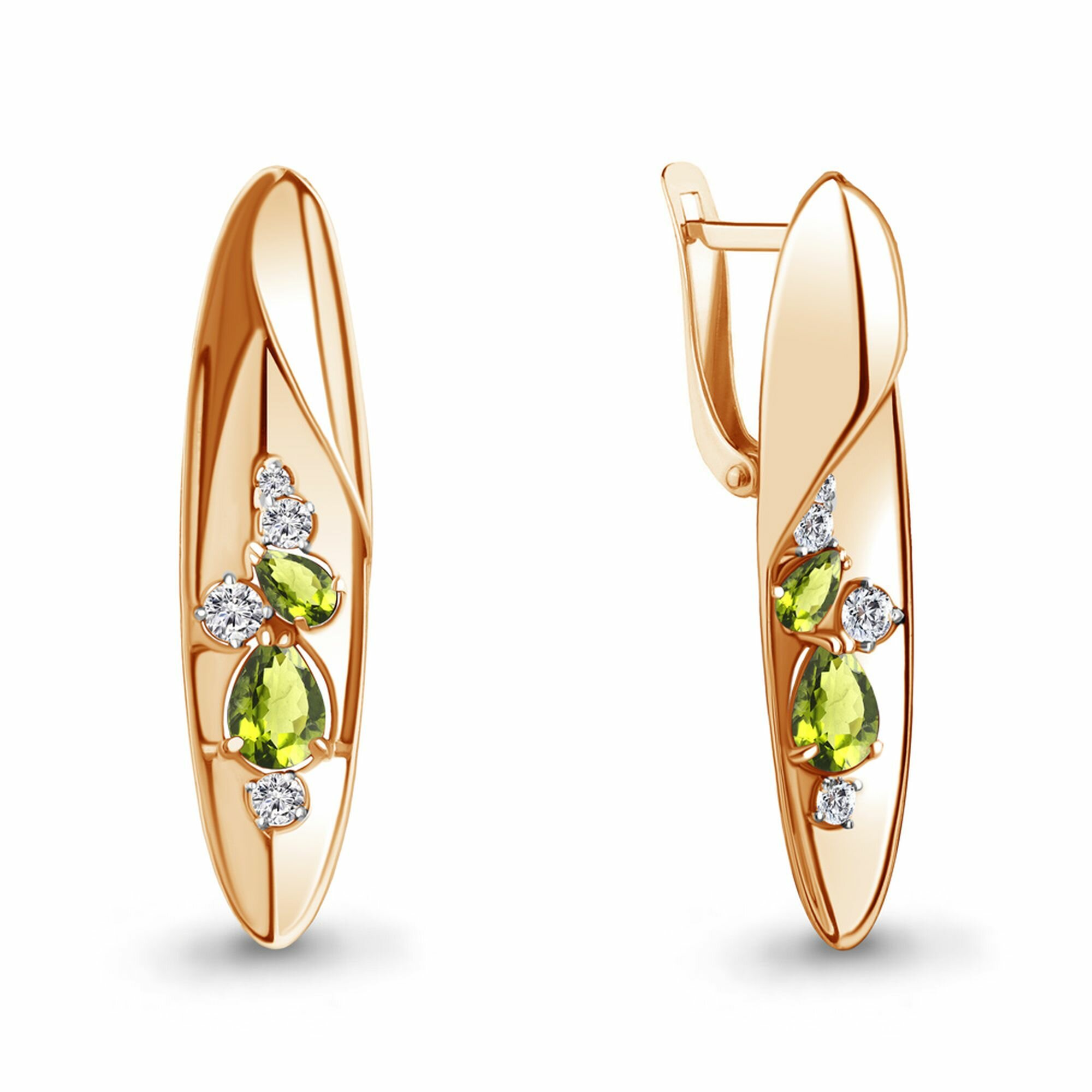 Серьги, серебро, 925 проба, золочение, хризолит, фианит