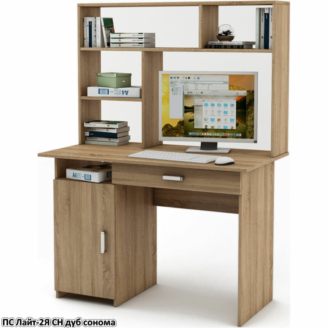 Письменный стол Лайт-2Я с надстройкой-Дуб сонома, ЛДСП, МФ Владимир VMF, 110х149,2х60 см.