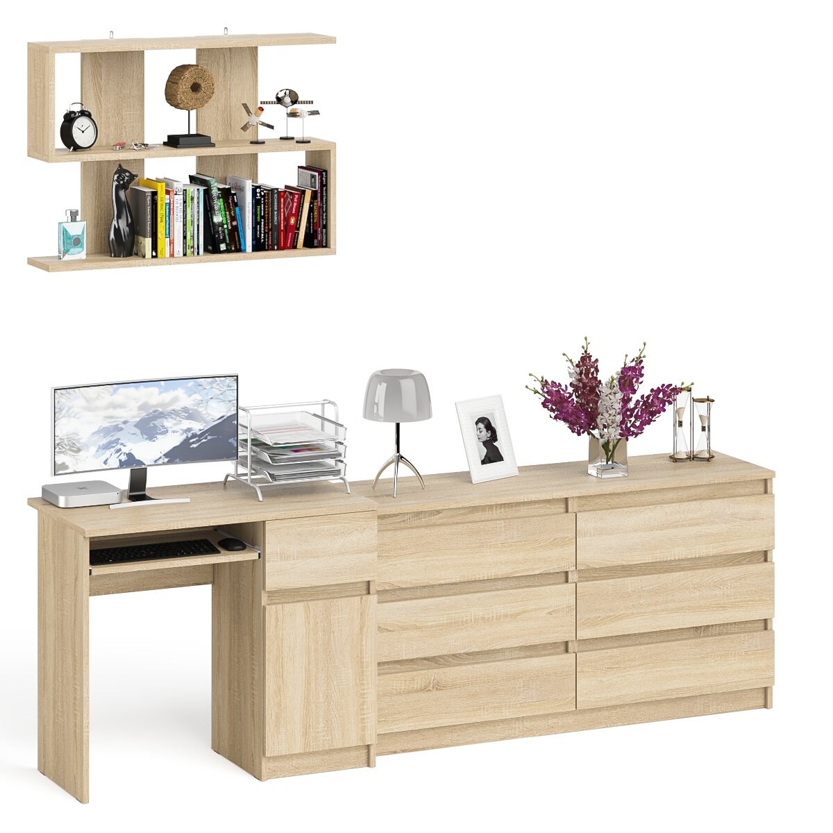 Комод шесть ящиков Мори МК1380.6 со столом с ящиком и дверкой справа и полка, цвет дуб сонома, 228х50х209,6 см.