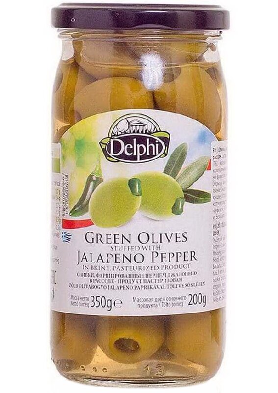Оливки DELPHI фаршированые перцем Джалопено в рассоле /стекло/ 350г