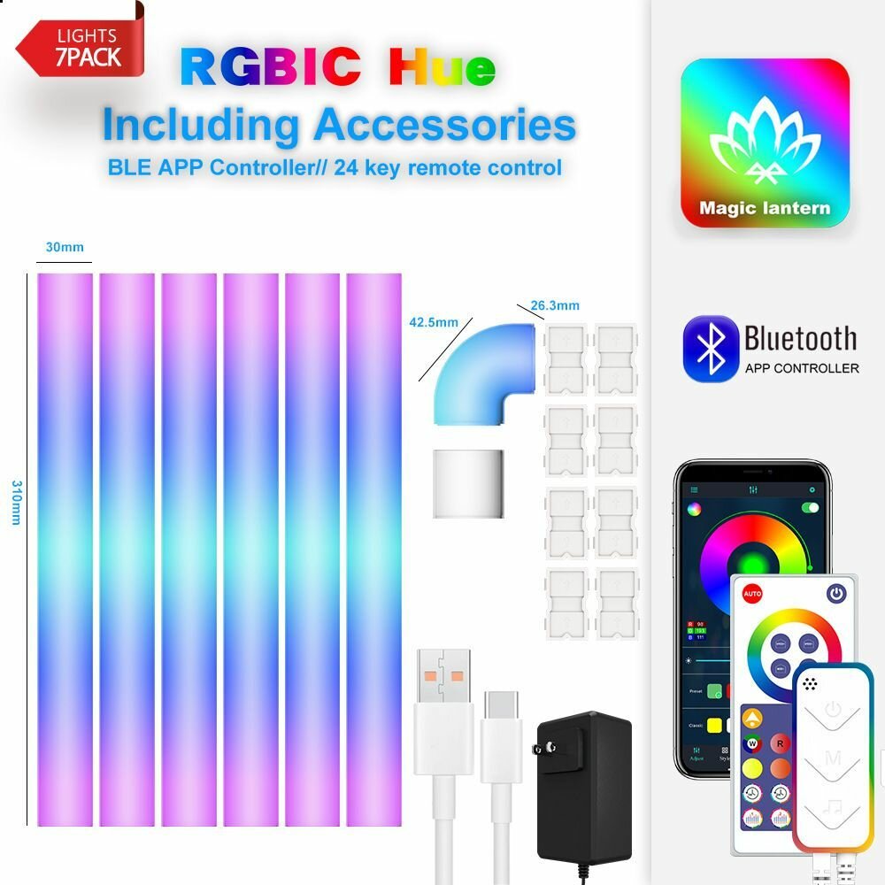 Светильник настенный модульный (6 прямых модулей + 1 угловой), умная RGB панель, неоновые лампы со светомузыкой