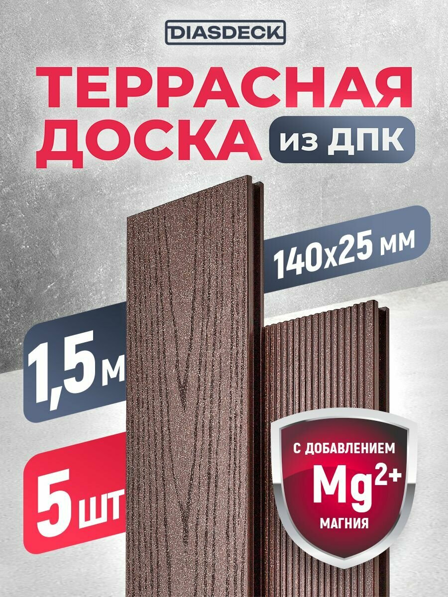 Террасная доска DIASDECK из ДПК 140х25мм длина 1,5 метра цвет венге, комплект 5 штук (минерал)