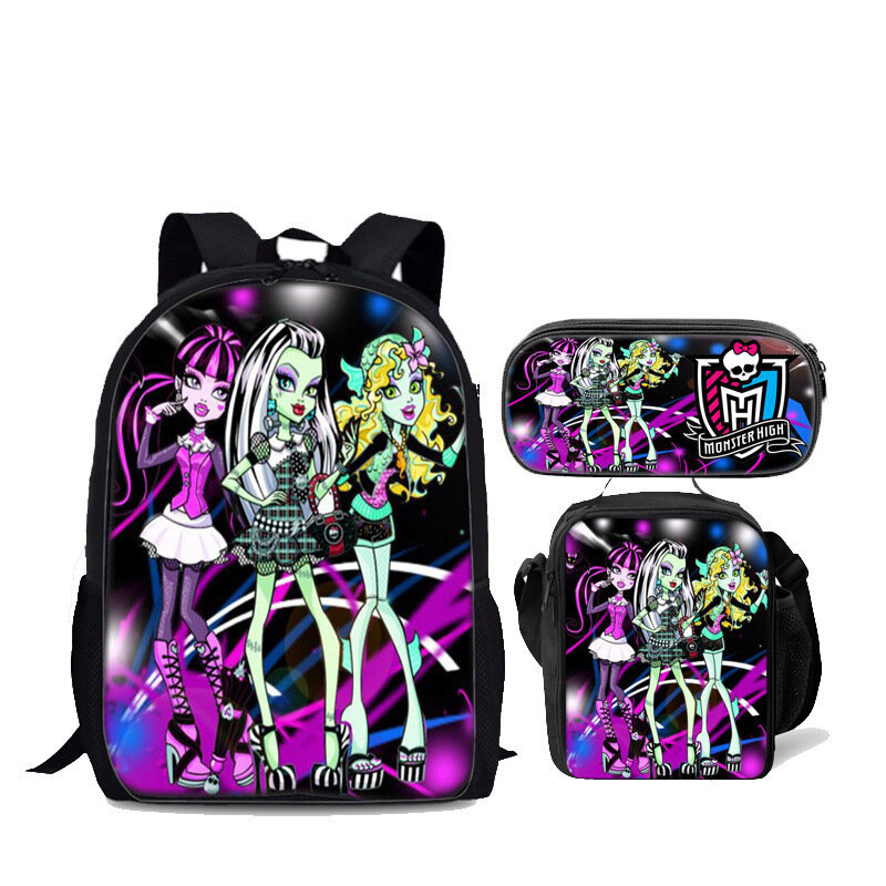 Школьная сумка Monster High с героями мультфильмов, 17-дюймовый комплект из трех предметов, набор рюкзаков большой вместимости для старшеклассников эльфа