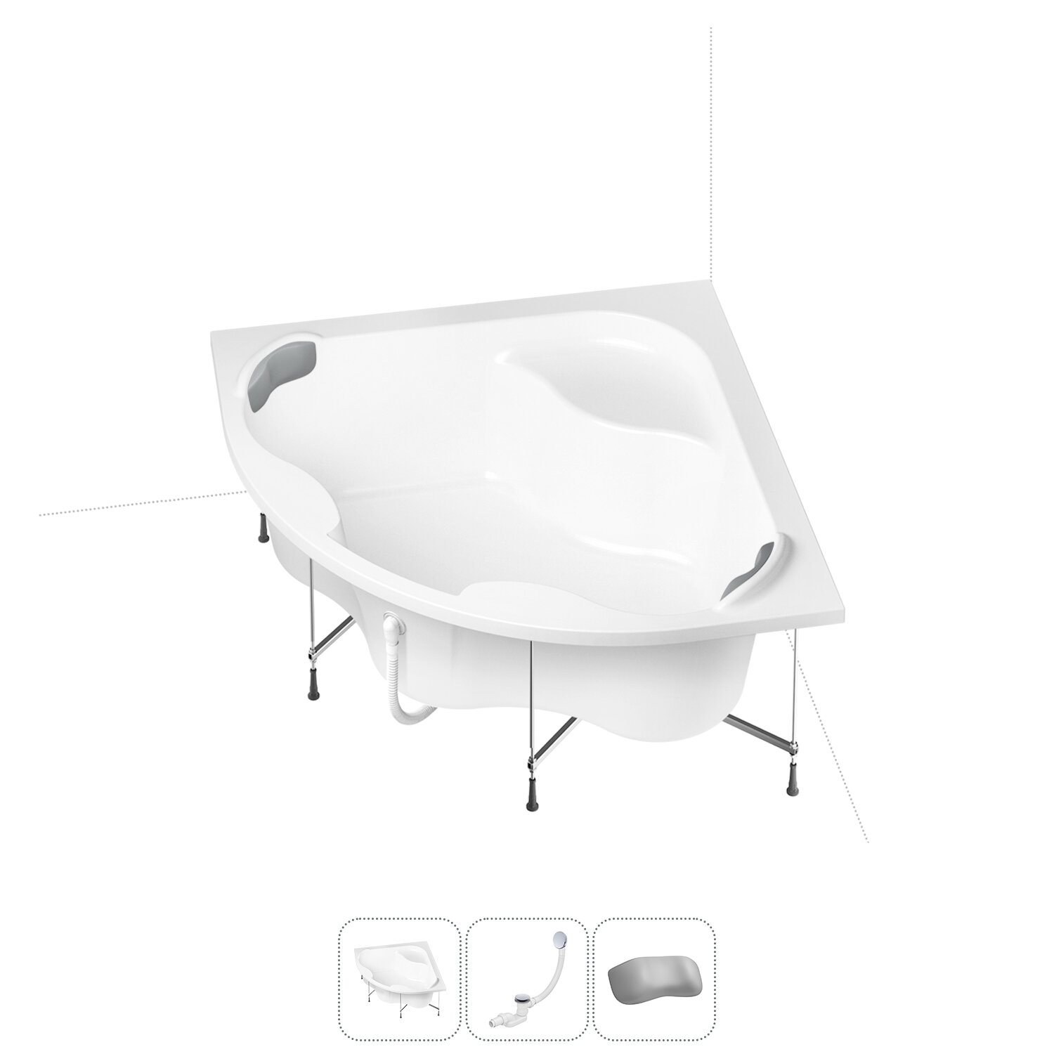 Угловая ванна акриловая 140 x 140 с каркасом Lavinia Boho Aveo 20221021R в наборе 4 в 1: акриловая ванна, каркас, слив-перелив, подголовник