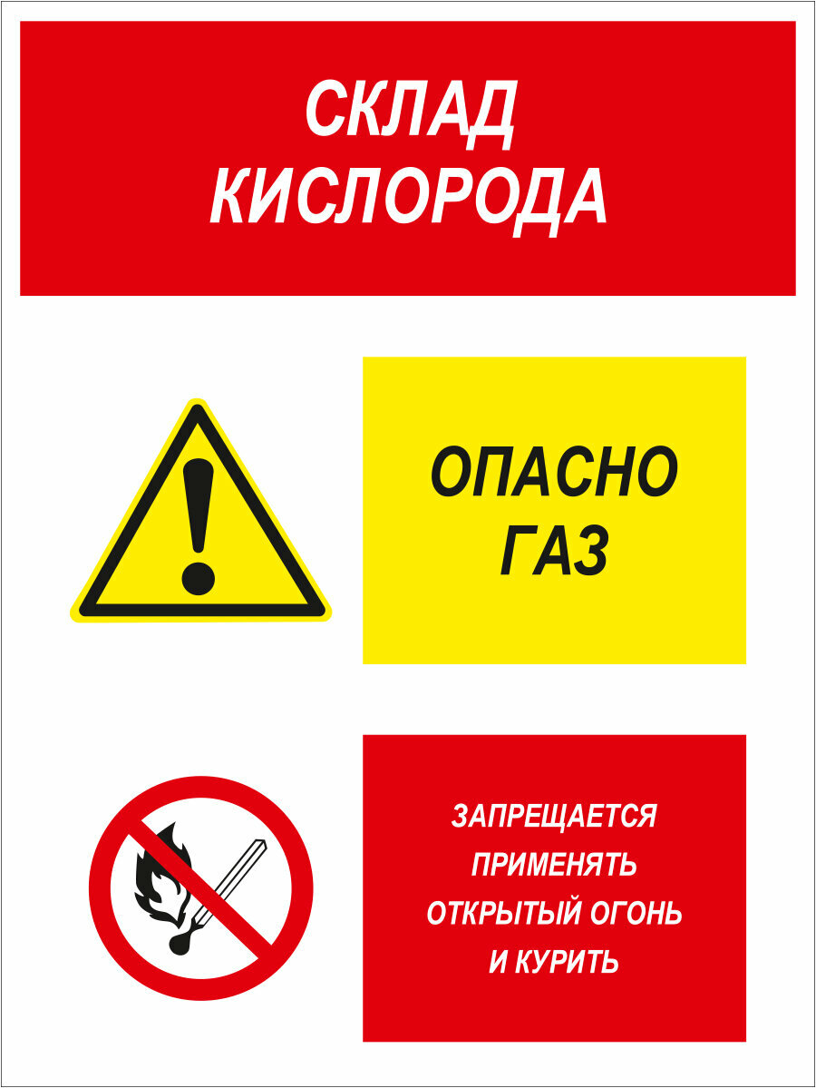 Наклейка, Склад кислорода. опасно газ - запрещается применять открытый огонь и курить. 150х300 мм, самоклеящаяся пленка, Сити Бланк