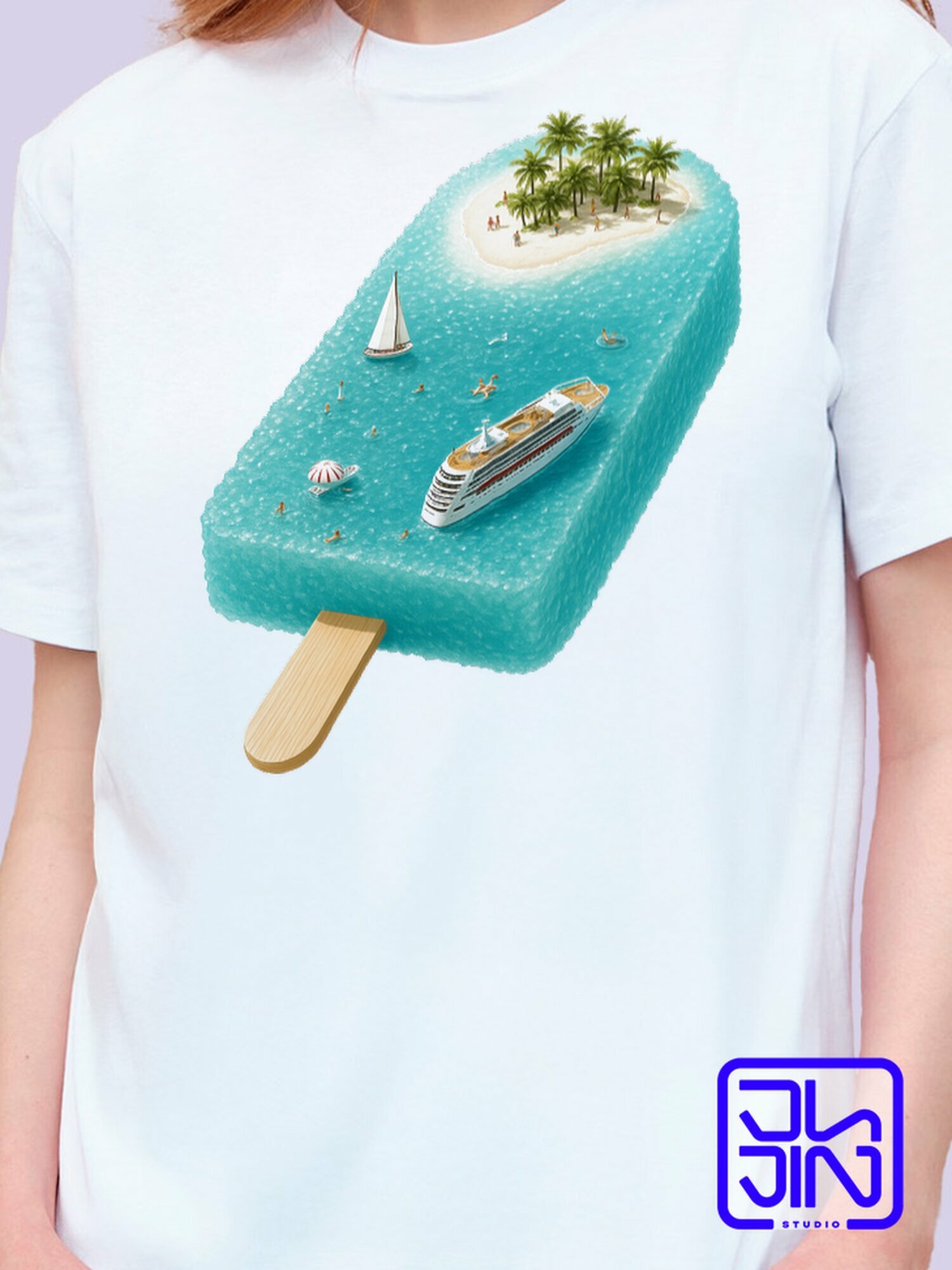 Футболка классическая женская с авторским принтом Бирюзовое мороженое с пляжной лагуной, кораблем и морской волной океана, белый хлопковый трикотаж с прикольным рисунком на груди