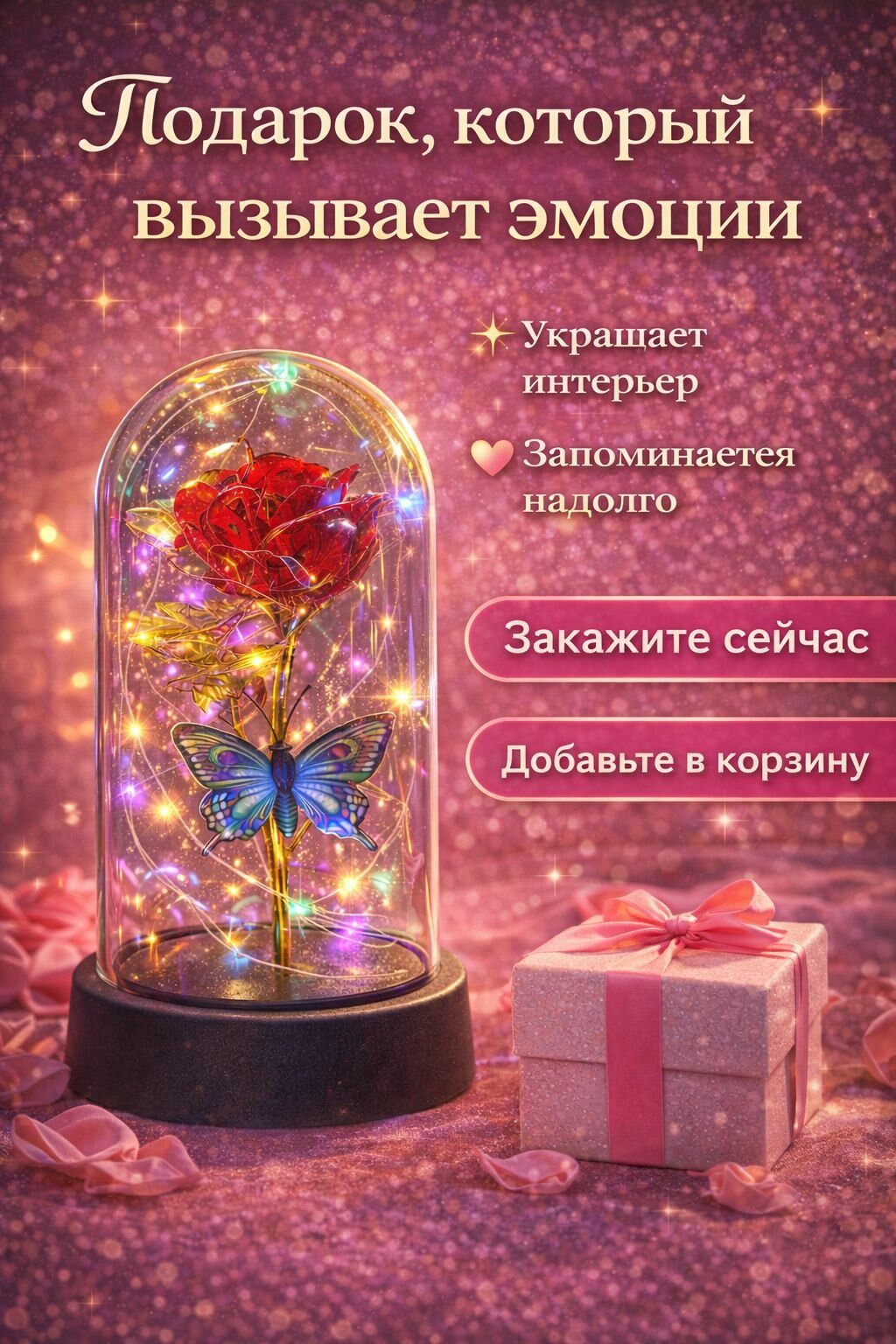 Декоративная роза с гирляндой USB, ночник, подарок для девушки