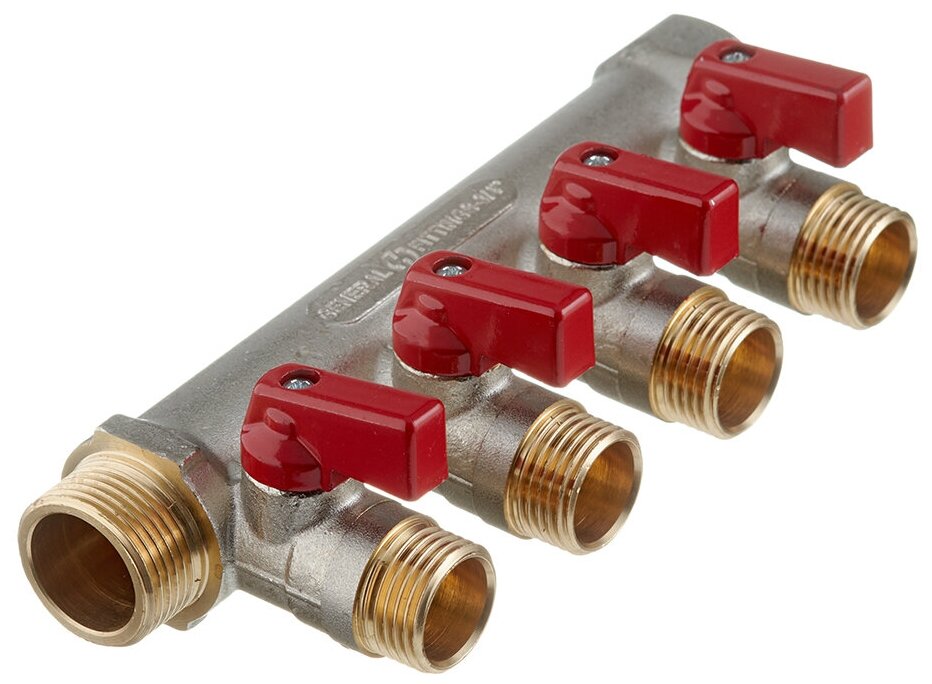 Коллектор Stout (SMB 6200 341204) 3/4 ВР(г) х 4 выхода 1/2 НР(ш) х 3/4 НР(ш) с шаровыми кранами