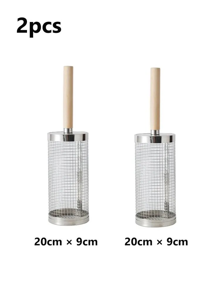Решетка для барбекю 304 с деревянной ручкой 2шт(20cm+20cm) портативная вращающаяся гриль-клетка для пикника, из нержавеющей стали для пищевых продуктов, термостойкая, усиленная конструкция