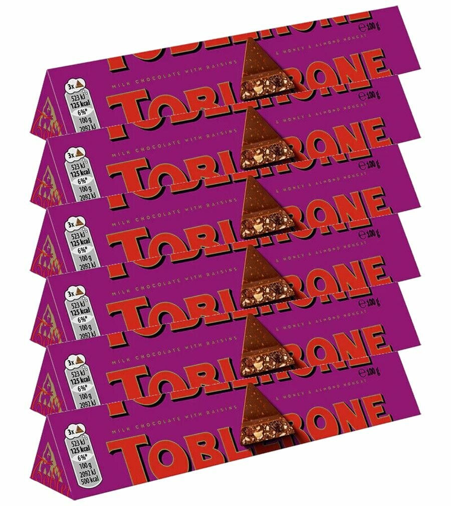Молочный Шоколад Toblerone с медово-миндальной нугой и изюмом, 100г х 6шт